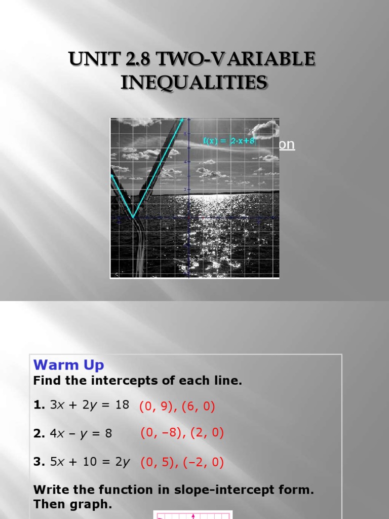 Unit 2.8 Two-Variable Inequalities: Warm Up Lesson Presentation Lesson ...