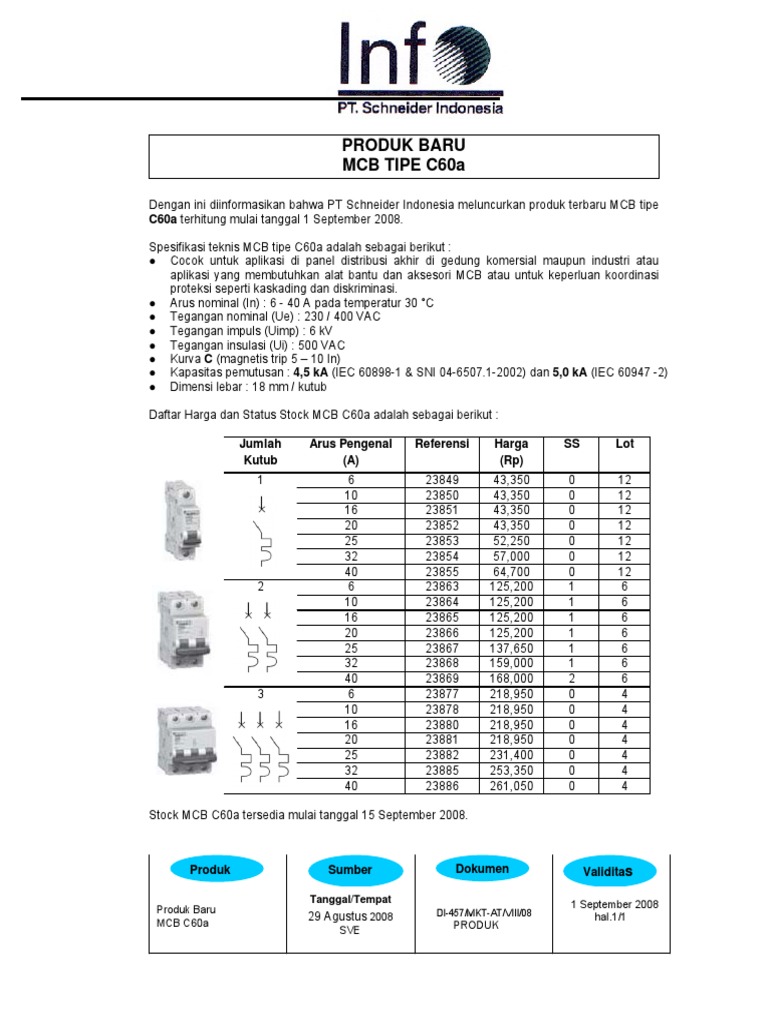 Daftar Harga MCB C60a Schneider 2024 | PDF