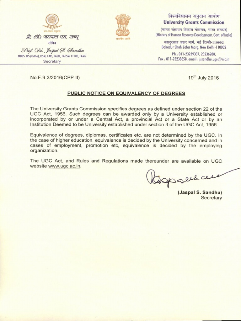 UGC Public Notice Reg Equivalency of Degrees PDF | PDF