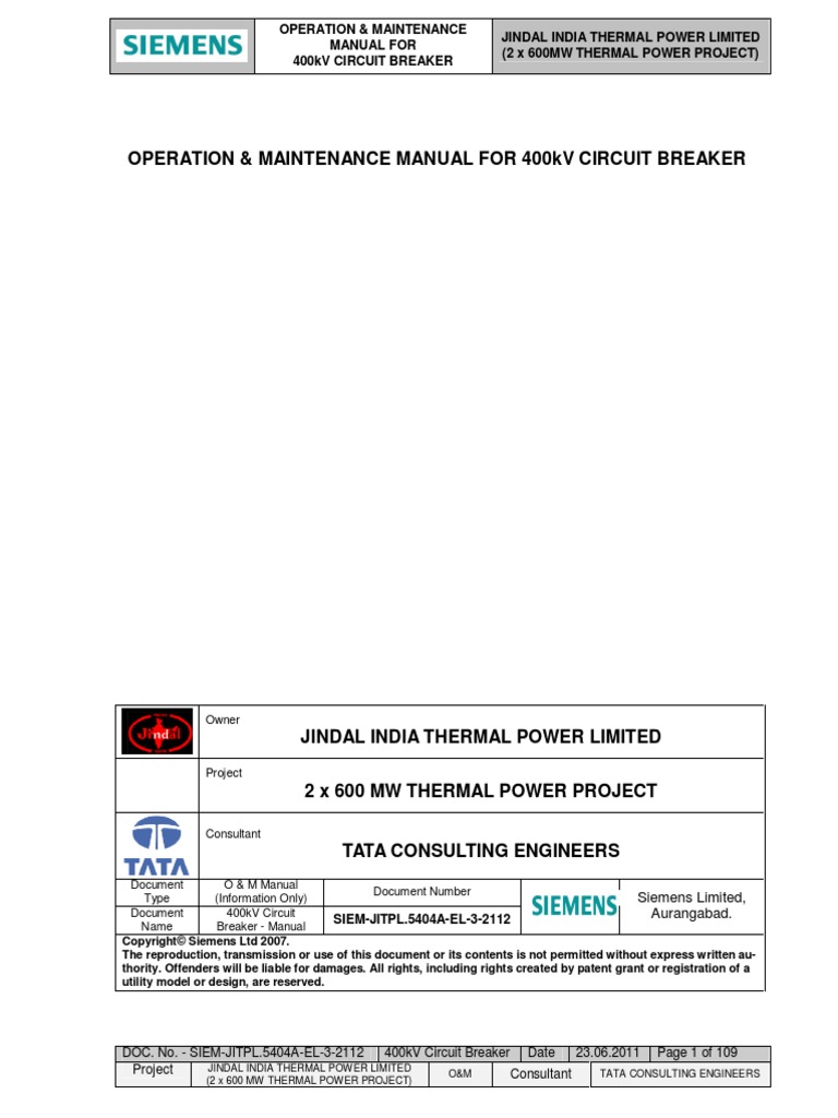 400kV Circuit Breaker - O&M | PDF | Insulator (Electricity) | Switch