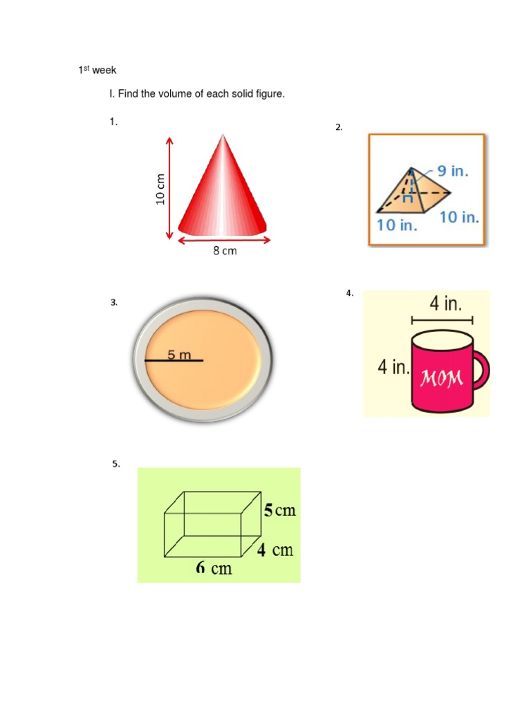 1 Week I. Find The Volume of Each Solid Figure. 1 | PDF | Language Arts ...