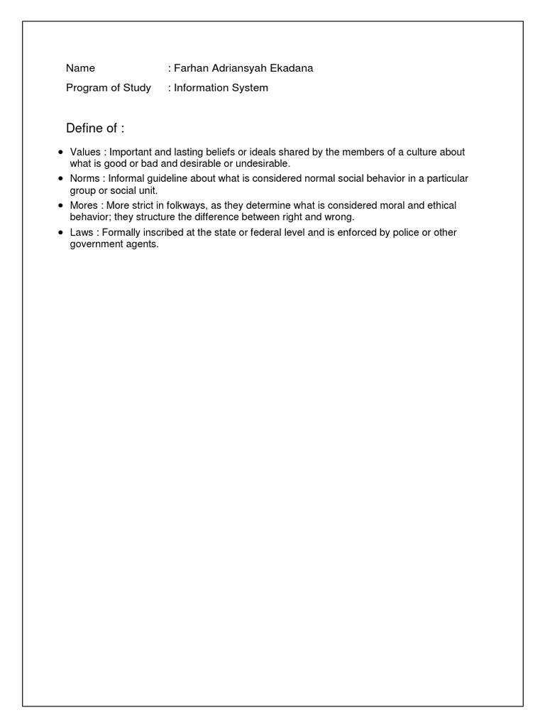 Define of Values, Norms, Mores, Laws | PDF | Value (Ethics ...