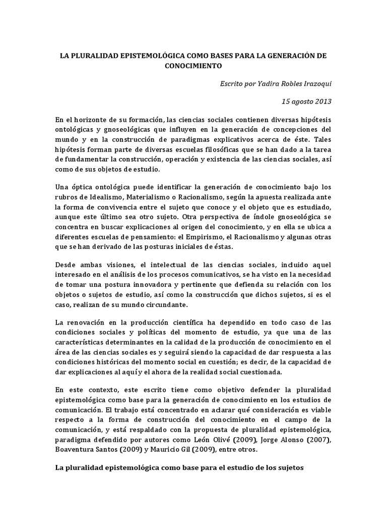 La Pluralidad Epistemológica Como Bases para La Generación de ...
