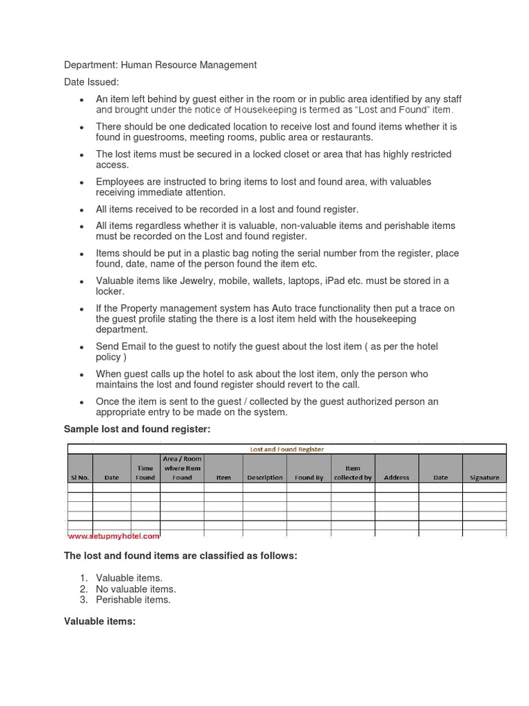 Establishing Procedures for Managing Lost and Found Items at Hotel ...