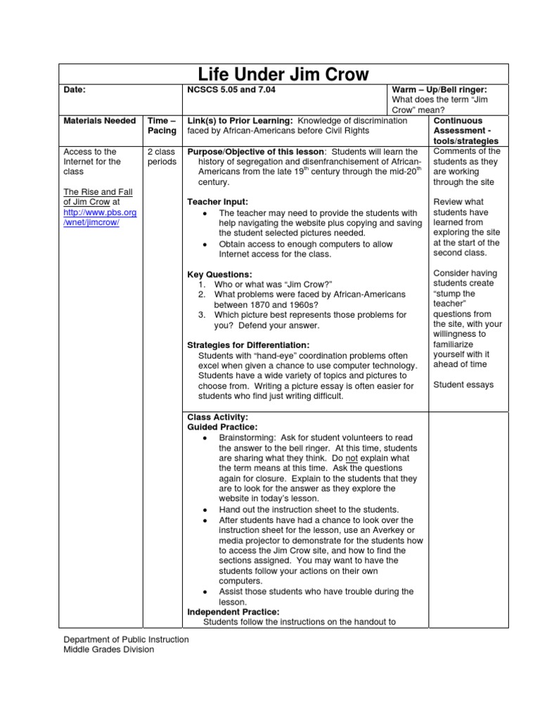 Jim Crow Era Lesson Plan for Grades | PDF | Question | Martin Luther ...