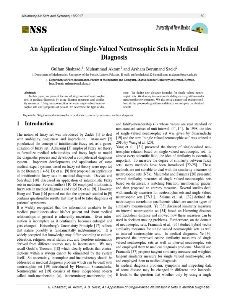 An Application of Single-Valued Neutrosophic Sets in Medical Diagnosis | PDF | Fuzzy Logic ...