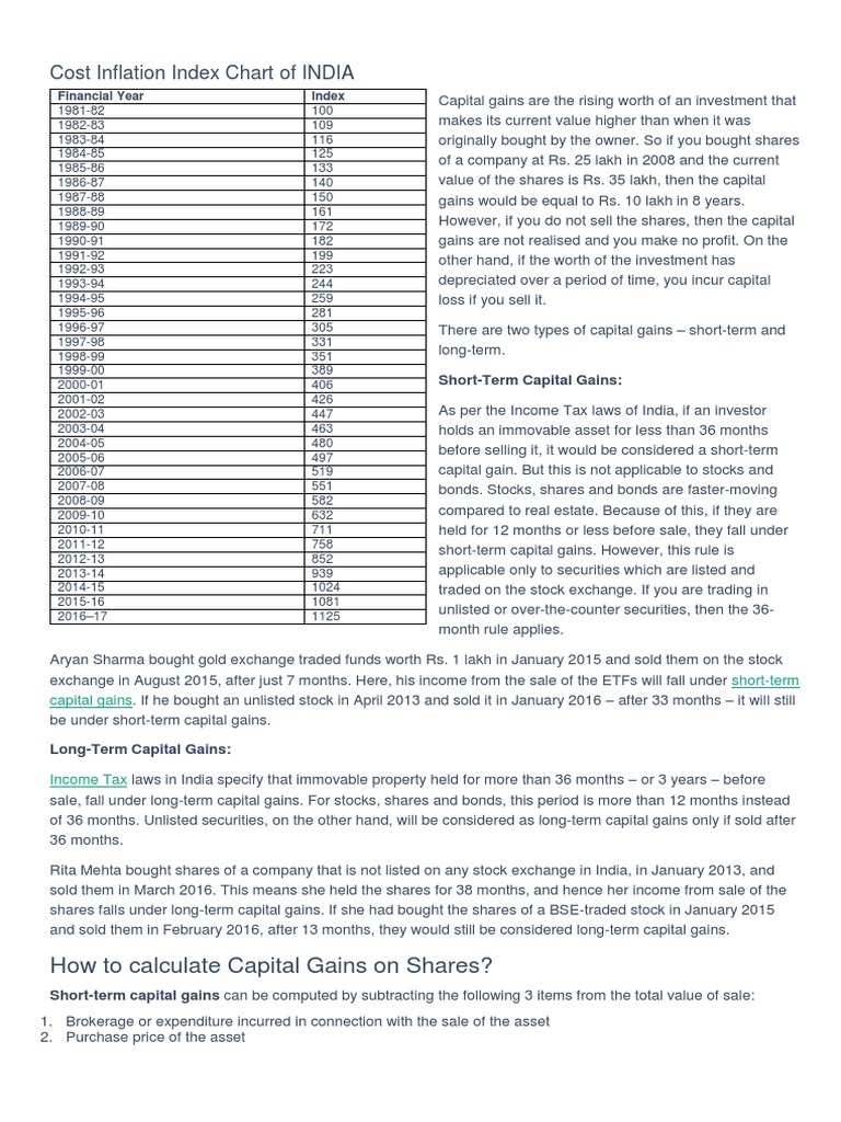 Cost Inflation Index Chart of INDIA | PDF | Capital Gains Tax | Taxes