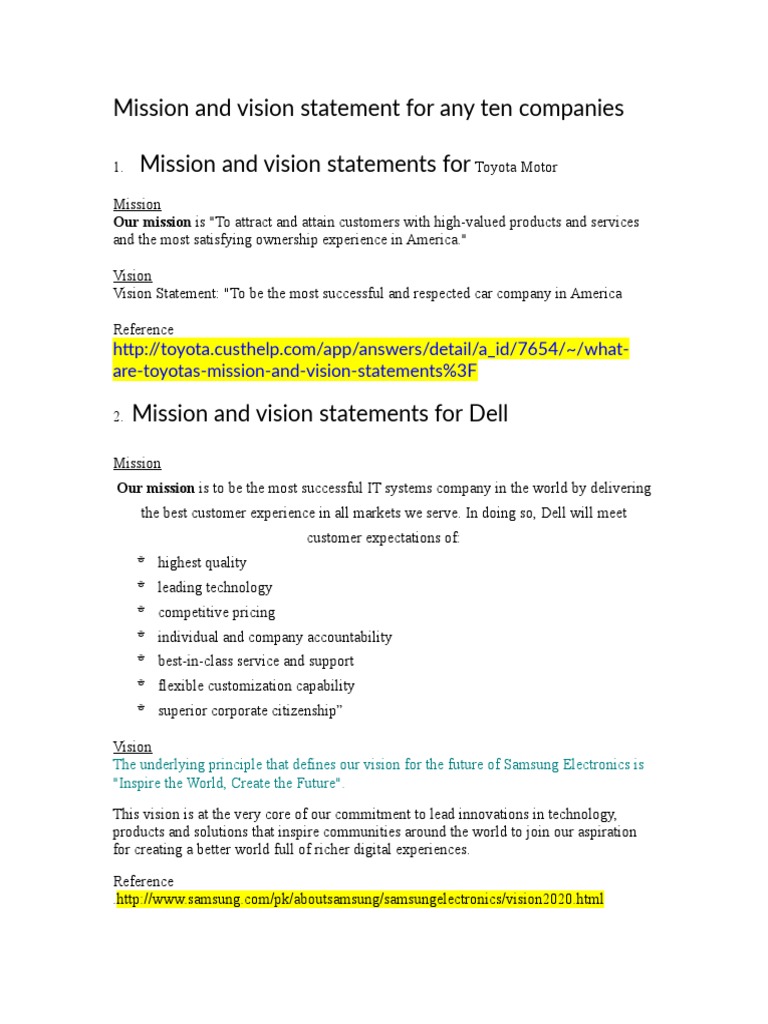 Mission and Vision Statement For Any Ten Companies | PDF | Pepsi Co ...