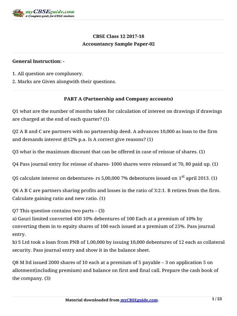 12 Accountancy 2018 Sample Paper 2 | PDF | Debits And Credits | Equity ...