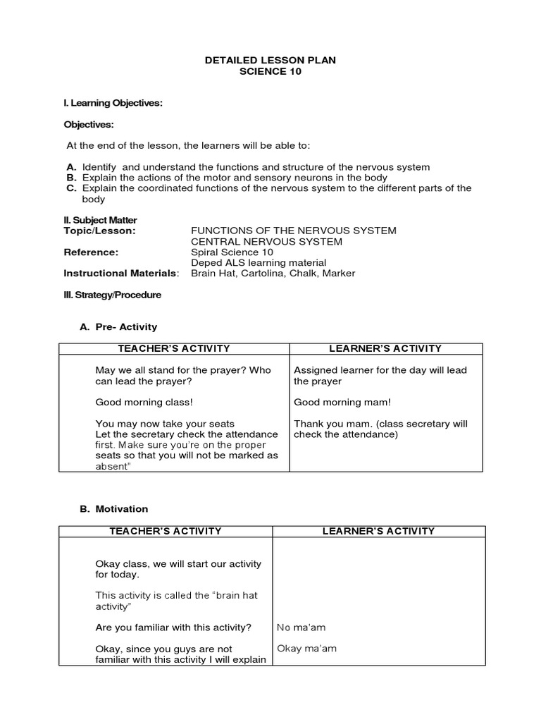 Nervous System Functions Lesson Plan | PDF | Central Nervous System ...