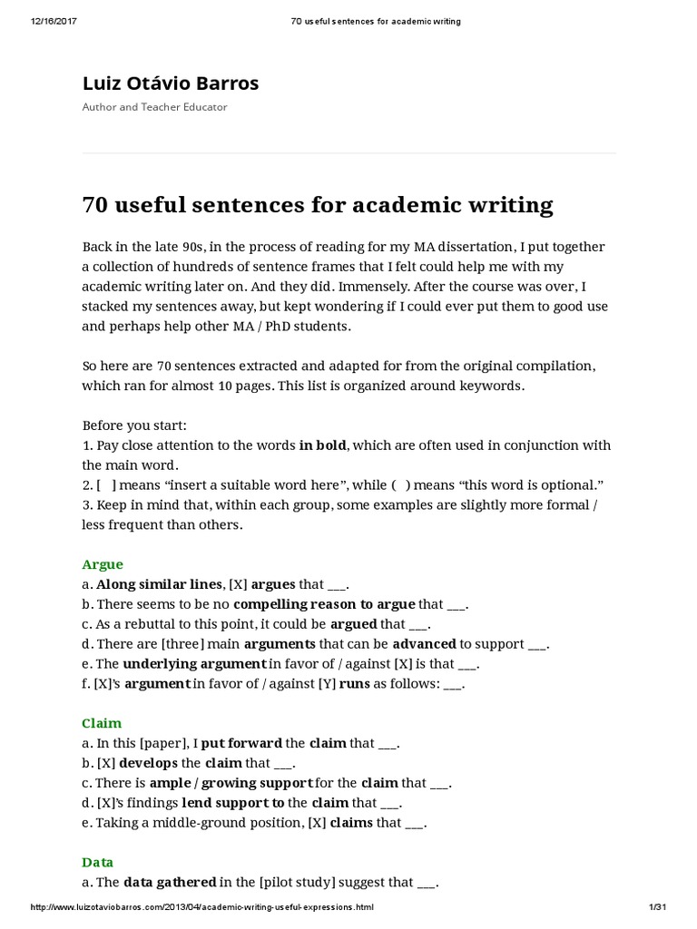 70 Useful Sentences For Academic Writing | Download Free PDF ...