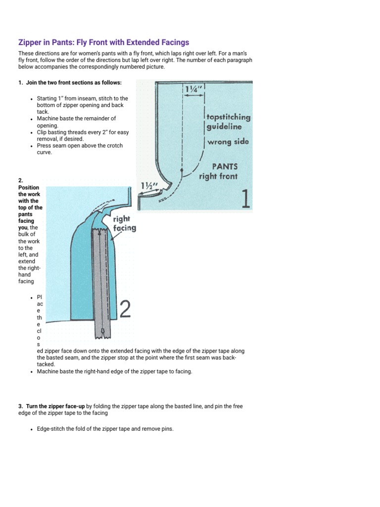 Learn To Sew - Zipper in Pants Fly Front With Extended Facings | PDF ...