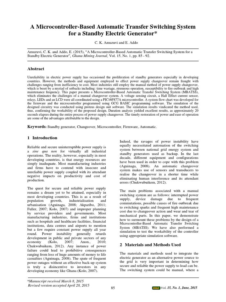 Microcontroller-Based Automatic Transfer Switching PDF | PDF | Relay | Electric Generator