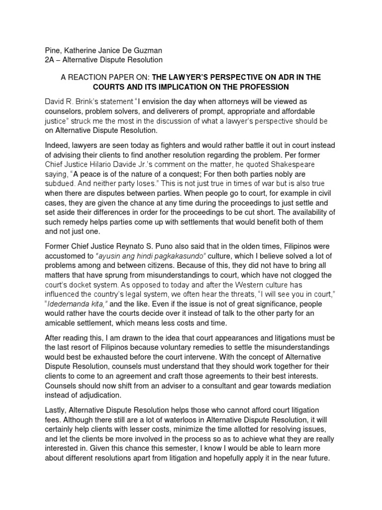Adr Reaction Paper | PDF | Alternative Dispute Resolution | Lawsuit