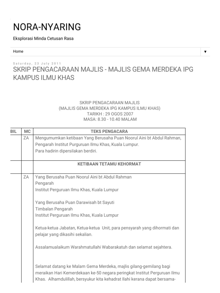 Nora-Nyaring Skrip Pengacaraan Majlis - Majlis Gema Merdeka Ipg Kampus ...