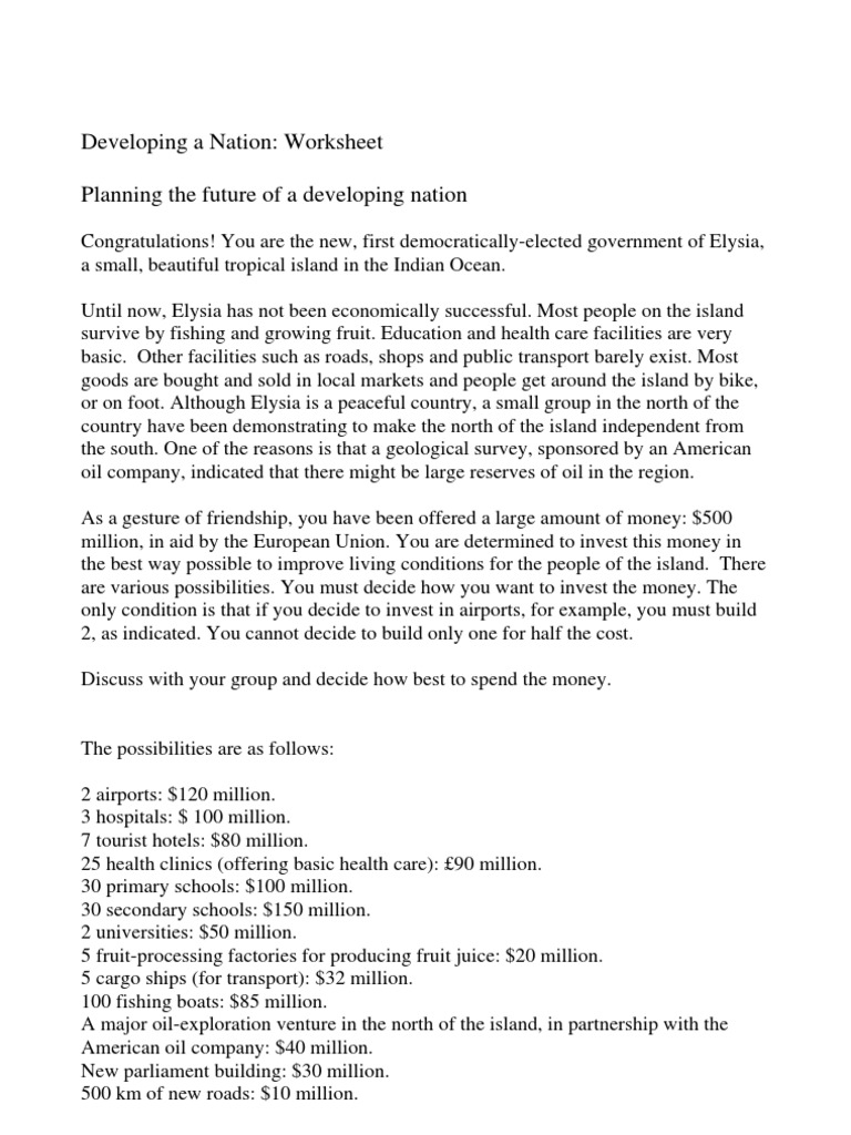 Developing A Nation Worksheet | PDF | Health Care | Economies