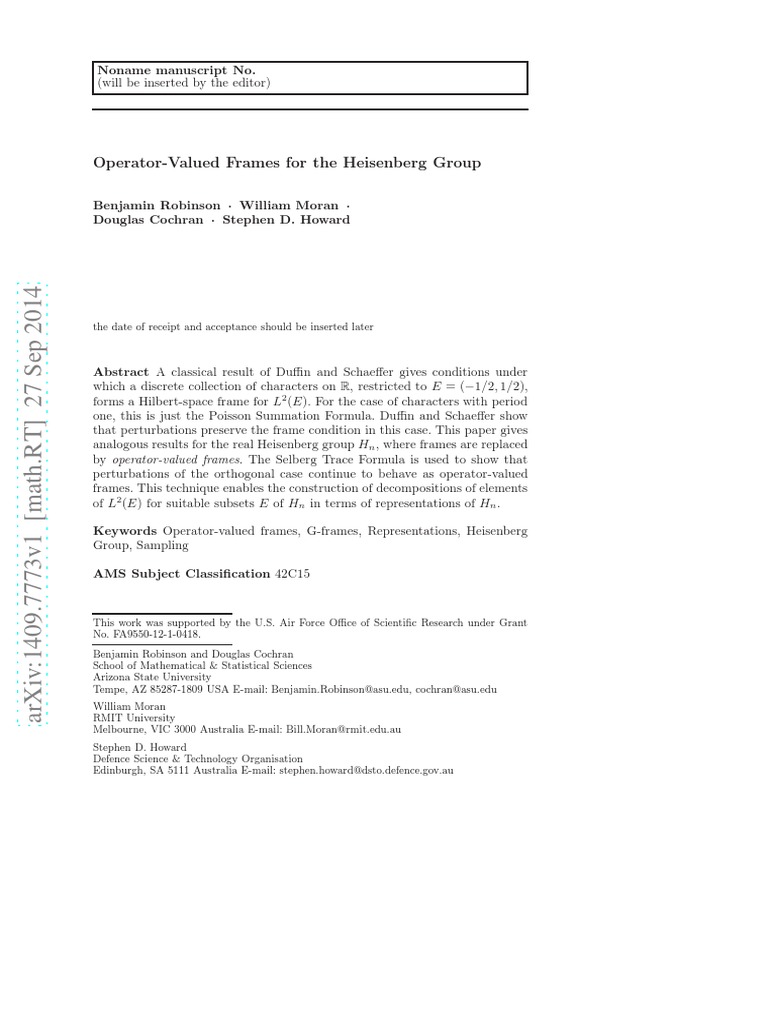 Operator-Valued Frames For The Heisenberg Group | PDF | Hilbert Space | Group (Mathematics)