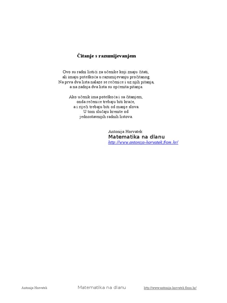 Citanje S Razumijevanjem Kratke Recenice | PDF