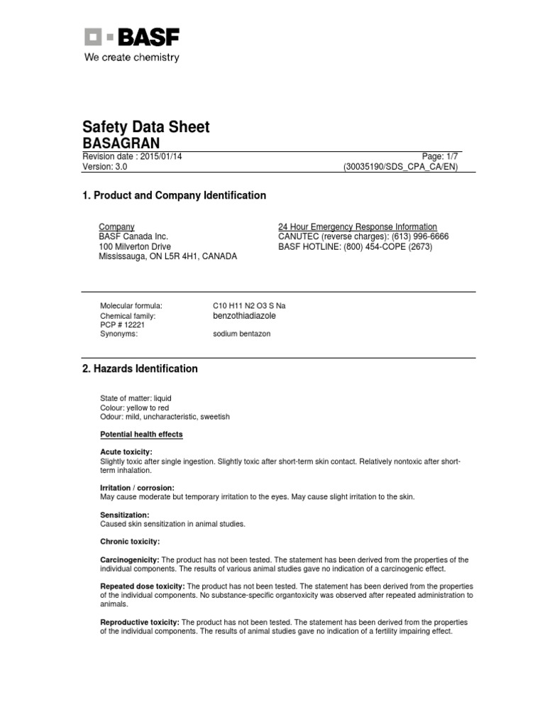 Basagran MSDS | PDF | Toxicity | Firefighting