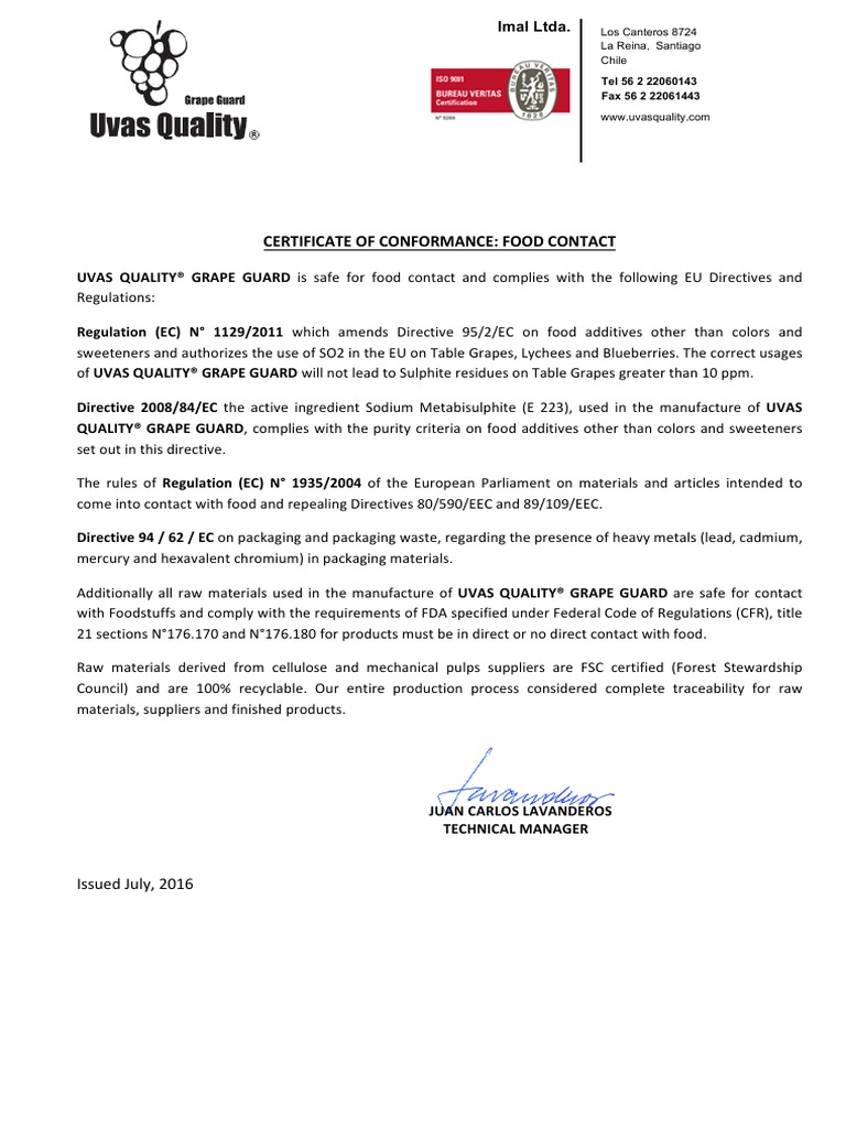 Certificate of Conformance IMAL LTD | Packaging And Labeling | Foods