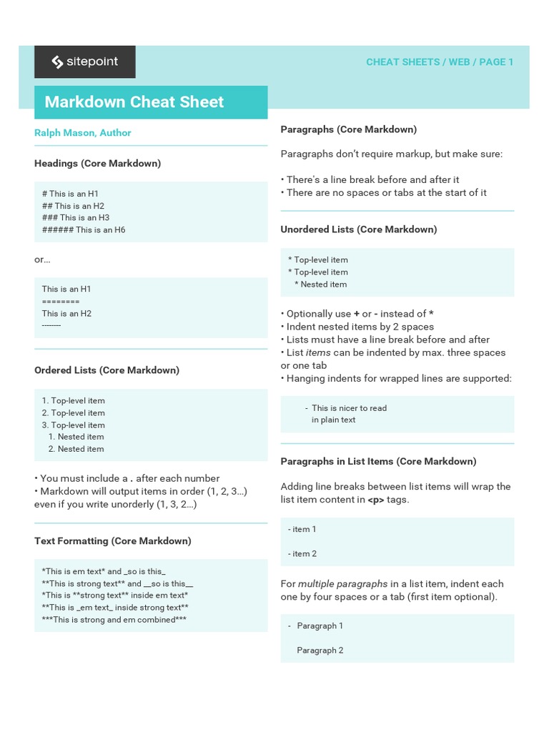 Markdown Cheat Sheet: Paragraphs (Core Markdown) Headings (Core Markdown) | PDF | Html | Html ...
