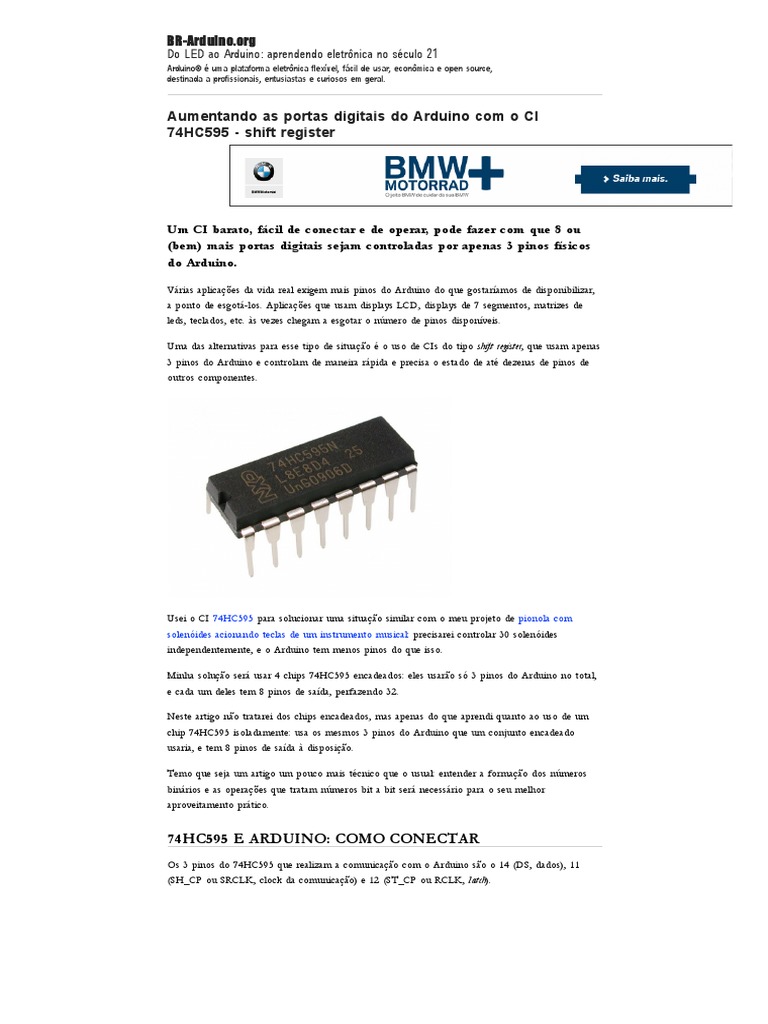 Aumentando As Portas Digitais Do Arduino Com O Ci 74hc595 Shift Register Pdf Arduino 