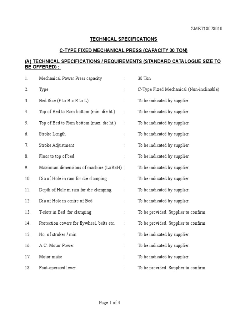 30 Ton C-Type Power Press Specifications | PDF | Switch | Bearing ...