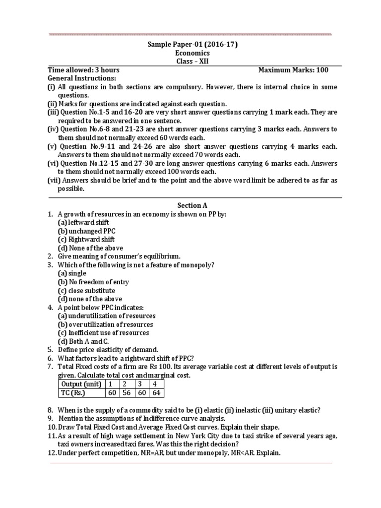 Economics Sample Paper 1 | PDF | Supply (Economics) | Price Elasticity ...