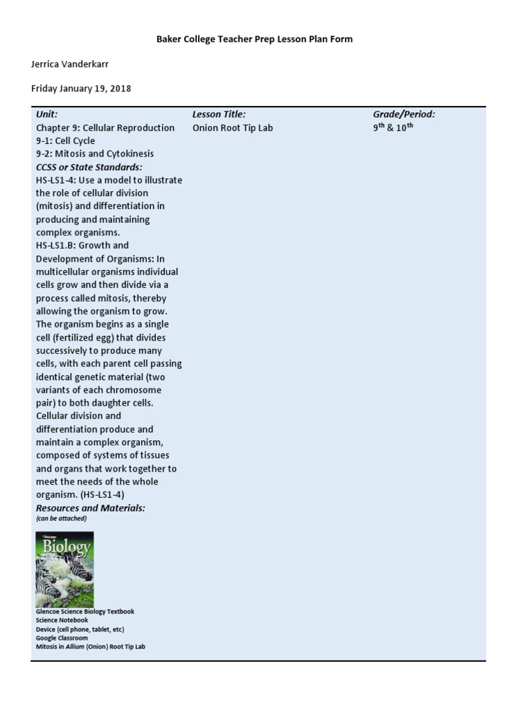 Unit: Lesson Title: Grade/Period:: Baker College Teacher Prep Lesson ...