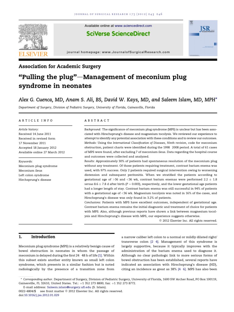 "Pulling The Plug"Dmanagement of Meconium Plug Syndrome in Neonates ...