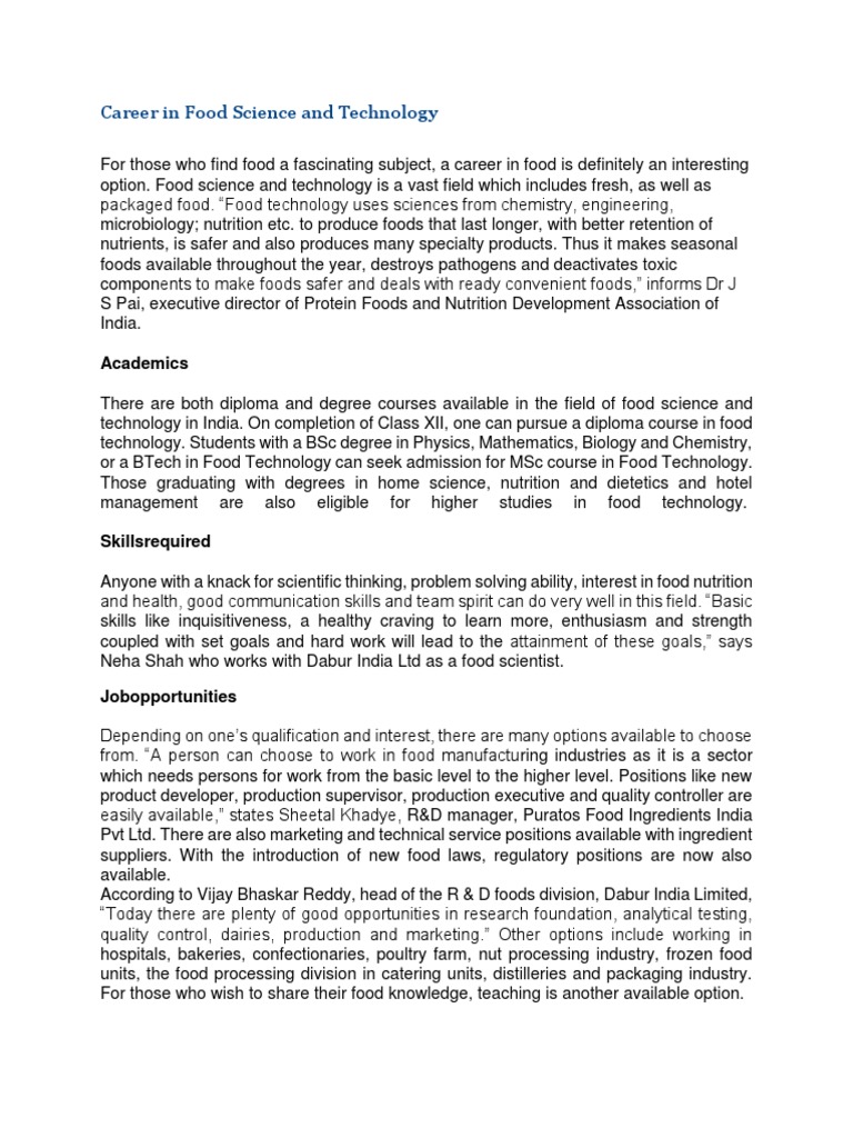 Career in Food Science and Technology 1 | PDF | Academic Degree | Food ...