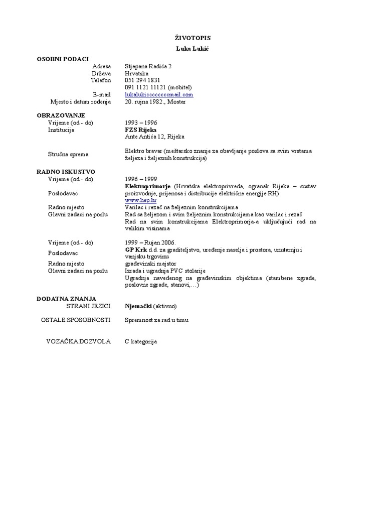 Primjer Zivotopisa | PDF