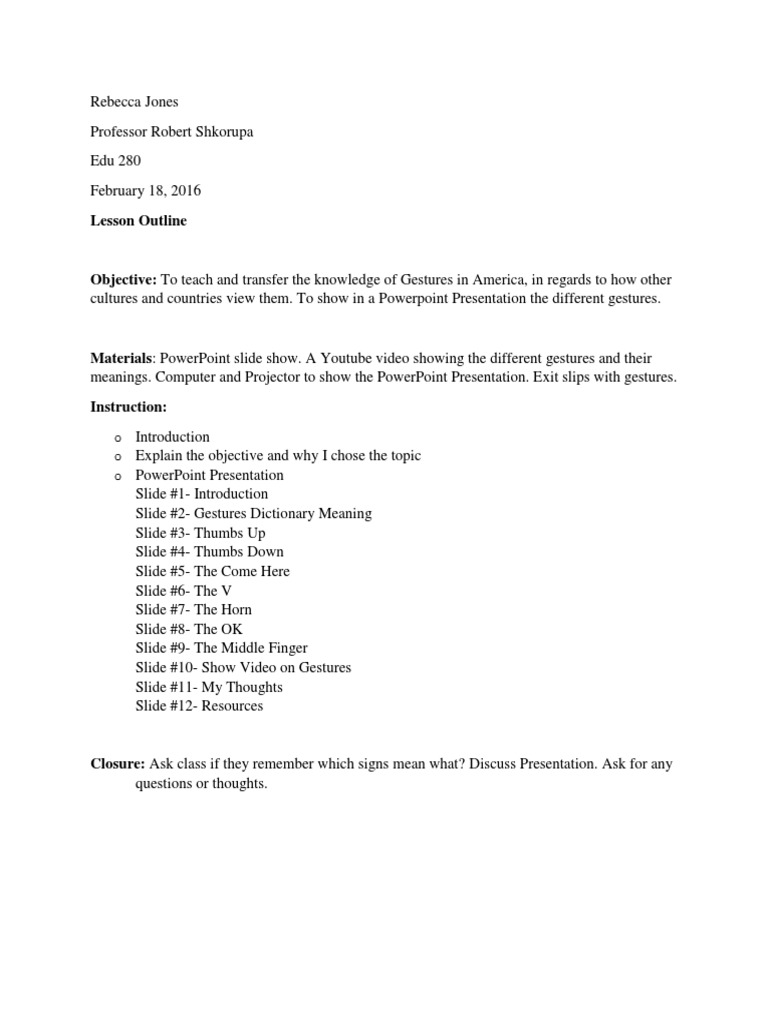 Gestures Lesson Plan | PDF | Gesture | Microsoft Power Point