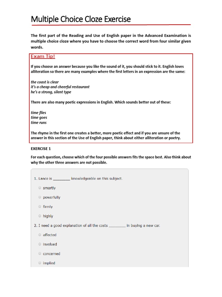 Multiple Choice Cloze Exercise | PDF