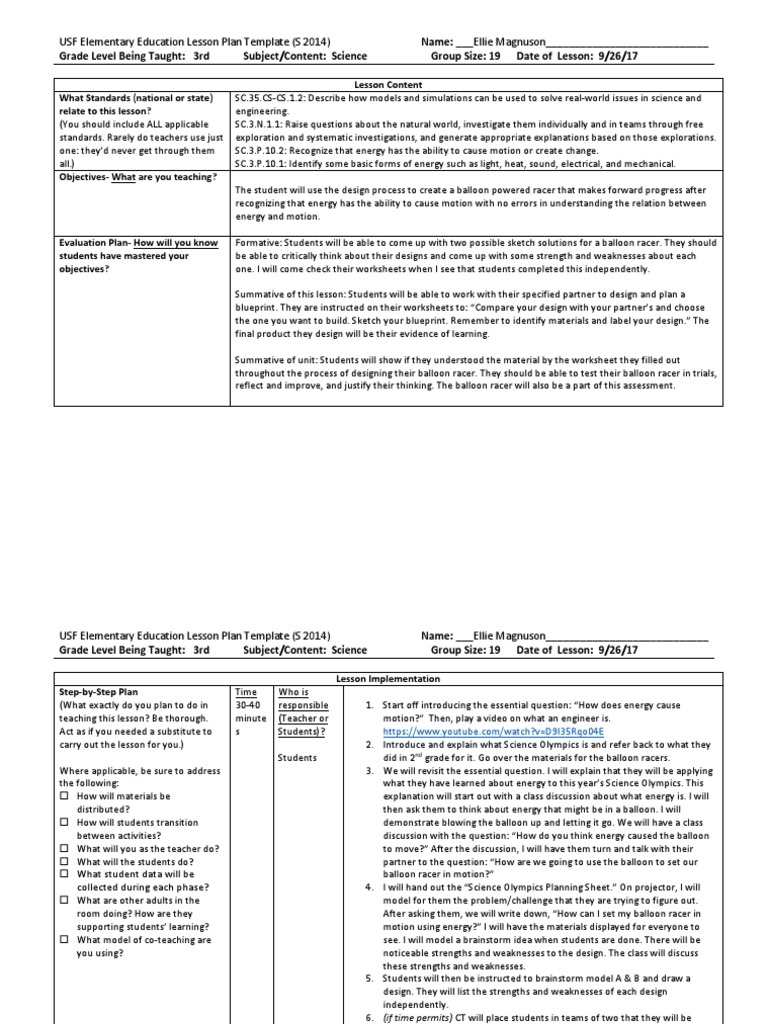 USF Elementary Education Lesson Plan Template (S 2014) | PDF | Teachers ...