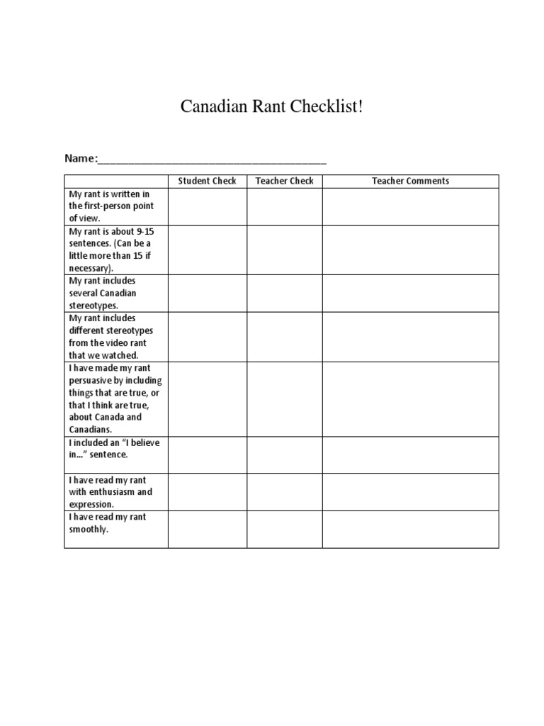 Canadian Rant Checklist | PDF