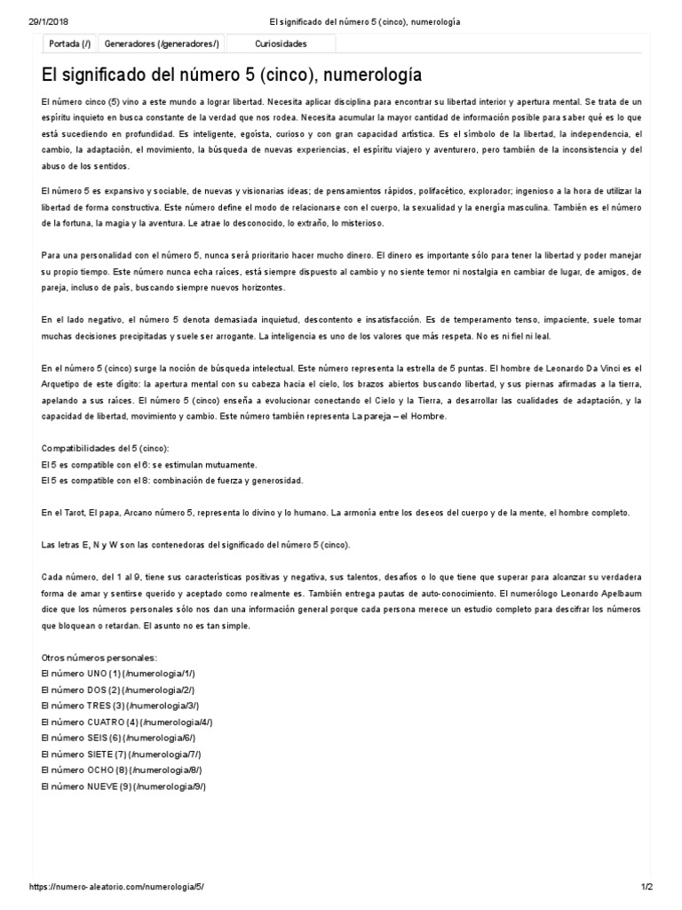 El Significado Del Número 5 (Cinco), Numerología | PDF | Libertad | Science