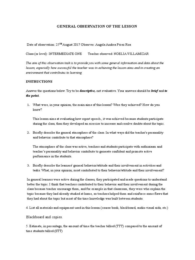 General Observation of The Class | PDF | Teachers | Classroom
