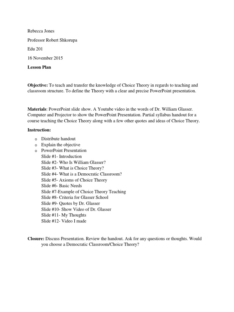 Lesson Plan Choice Theory | Download Free PDF | Theory | Lesson Plan
