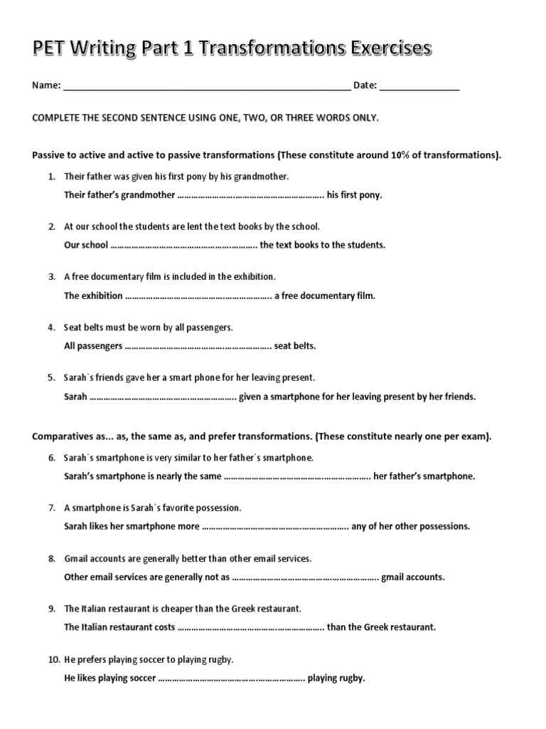 English Grammar Transformation Exercises | PDF | Games & Activities ...