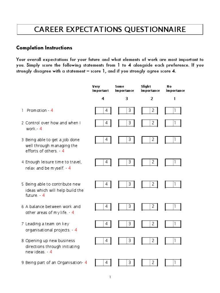 Career Expectations Questionnaire: Completion Instructions | PDF ...