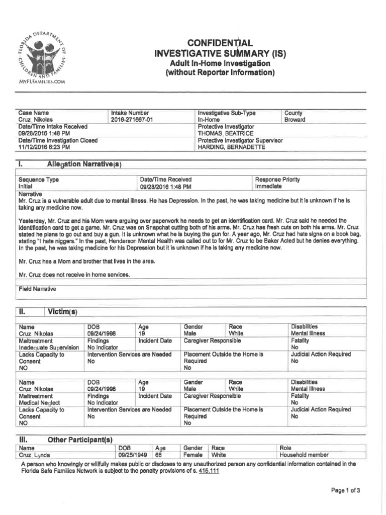 Nikolas Cruz DCF Investigative Summary | PDF