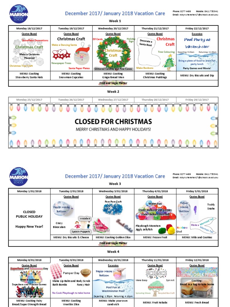 December January 2017 2018 Vac Care Program PDF | PDF | Christmas | Leisure