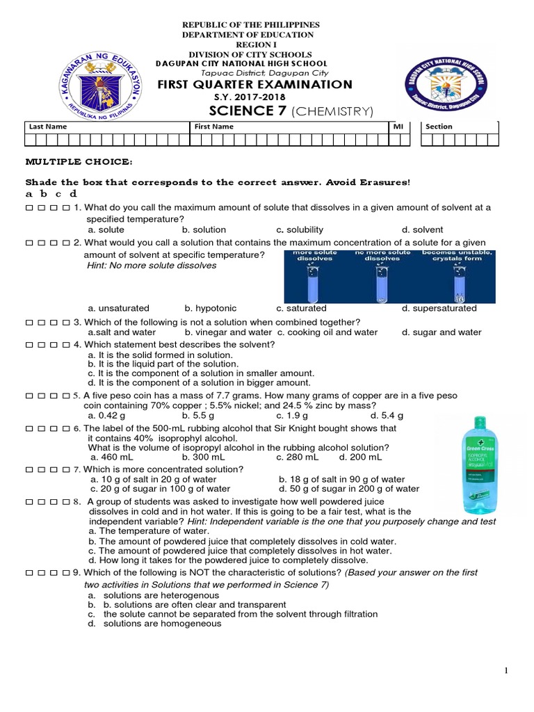 First Quarter Examination 2017-2018 | PDF | Solution | Chemical Substances