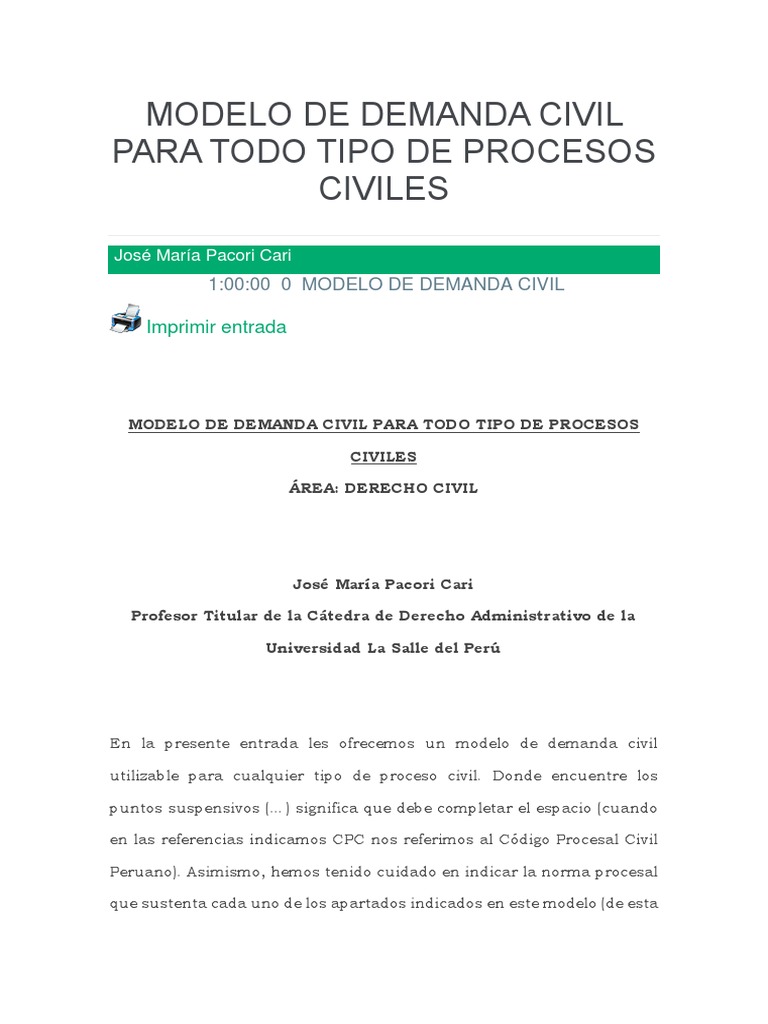 Modelo de Demanda Civil Para Todo Tipo de Procesos Civiles | Demanda ...