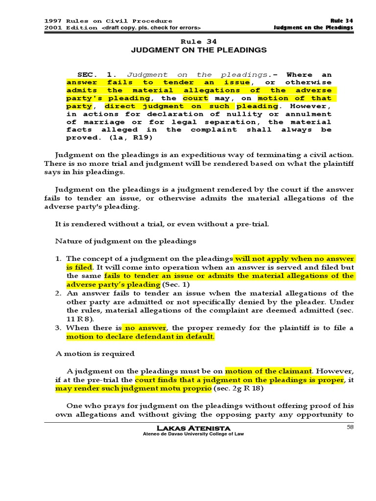 Rule 34 - Judgment On The Pleadings | PDF | Pleading | Complaint