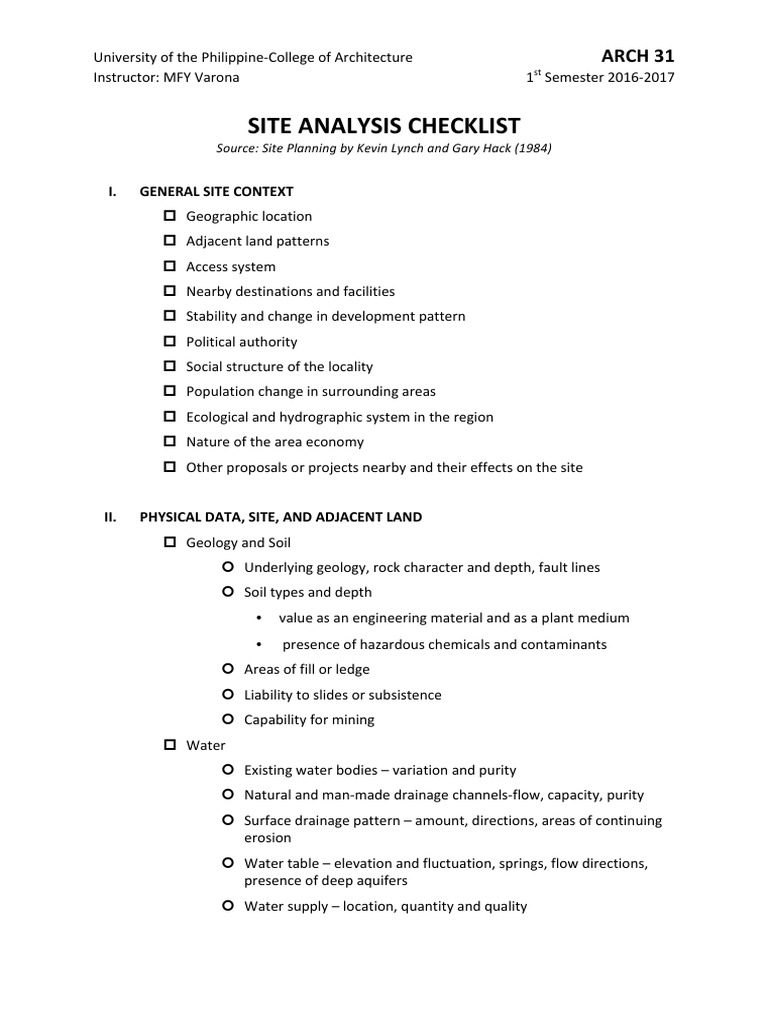 Site Analysis Checklist | PDF | Water | Nature