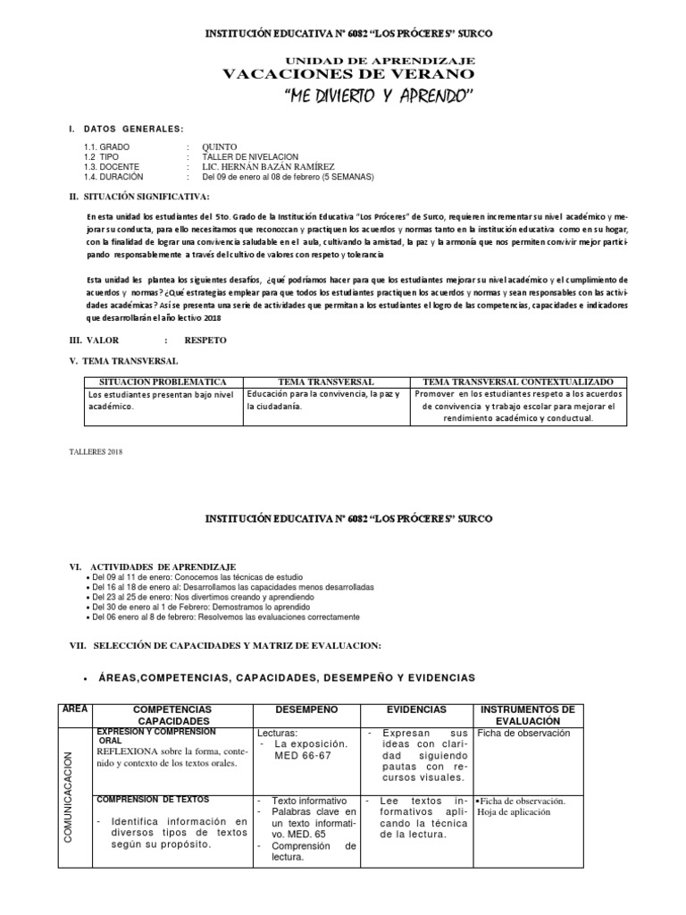 Unidad Didáctica Vacaciones Utiles 5º 2018 | PDF | Perú | Evaluación