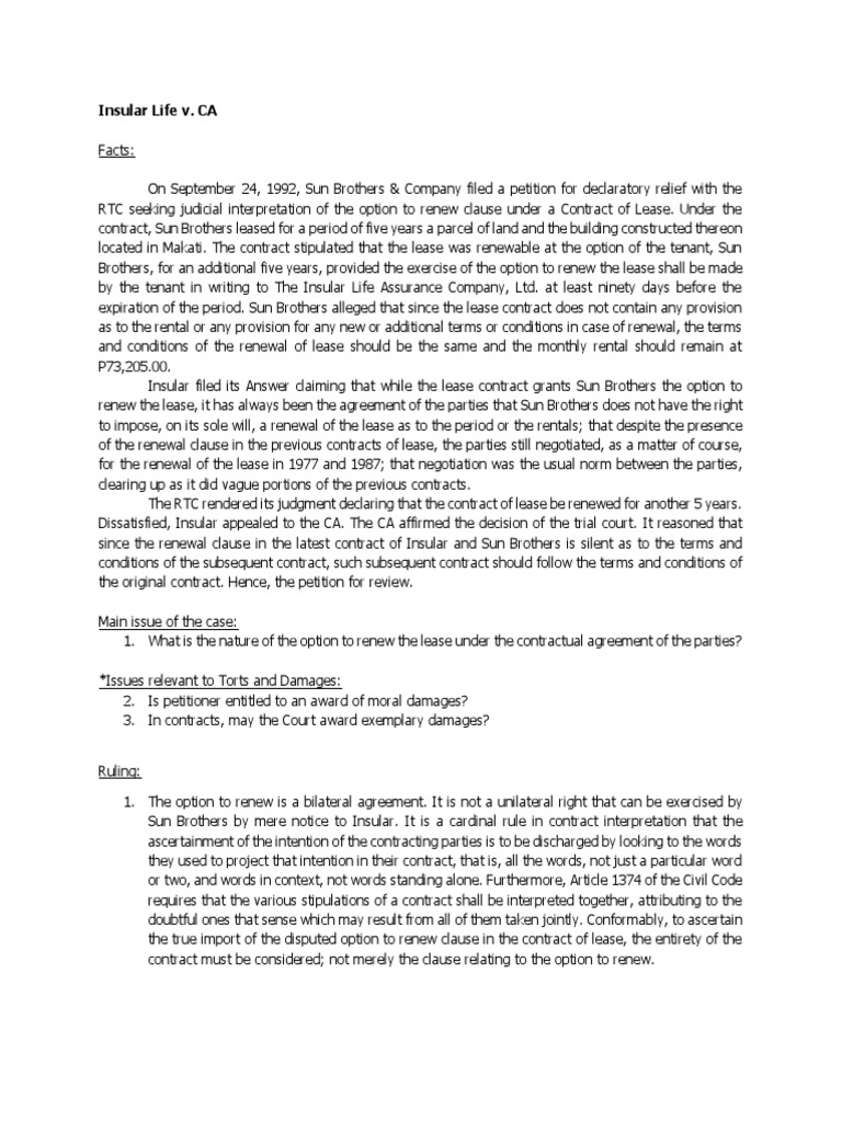 Insular Life V CA Digest | PDF | Lease | Damages