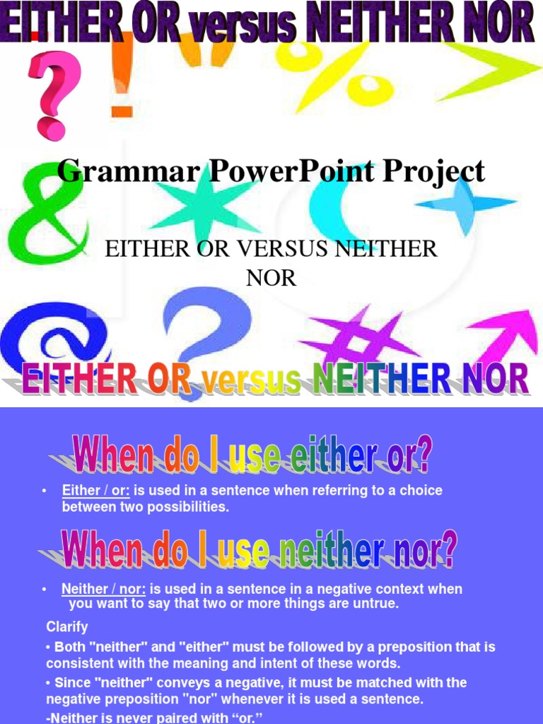 Using Either/Or and Neither/Nor | PDF | Grammatical Number | Plural